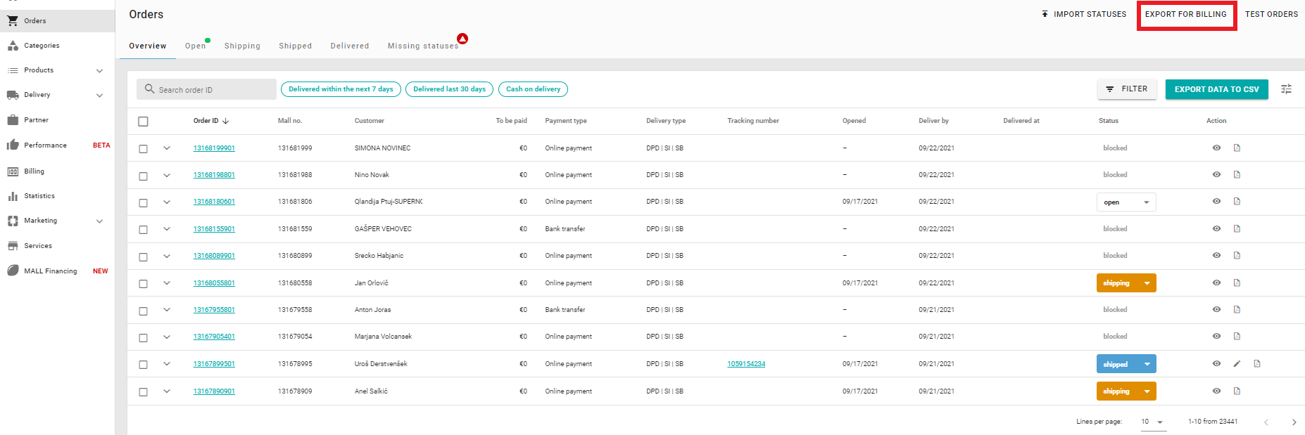 exportforbilling | MALL Partner - Marketplace Help